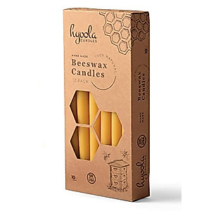 Hyoola 10 Inch Beeswax Taper Candles - 12 Pack - Handmade, All Natural, 100% Pure Unscented Bee Wax Candle - Tall, Decorative, Golden Yellow - 10 Hour Burn Time