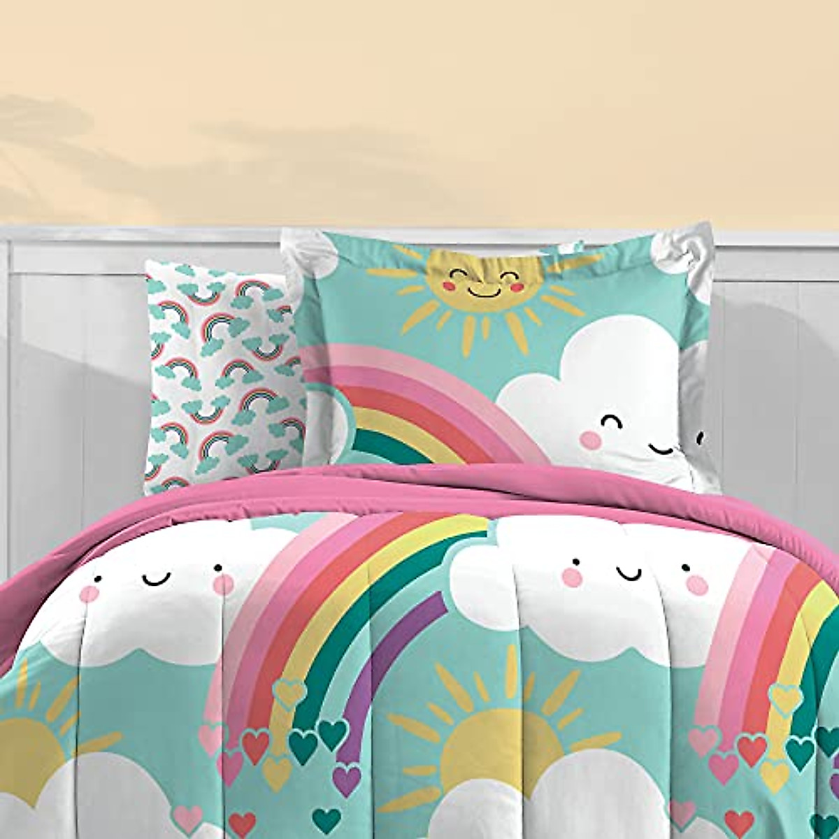 dream FACTORY Kids 5-Piece Complete Bed Set Easy-Wash Super Soft Microfiber Comforter Bedding, Twin, Teal Rainbow Flare, (2D872501TE)