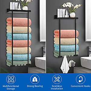 Filta Towel Rack with Shelf for Bathroom Wall Mounted,Retractable Height Metal Bath Towel Rack with Reliable Hooks Storage for Rolled Towel（Black）