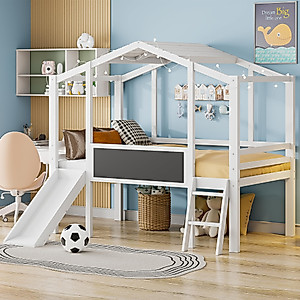 Merax Twin Loft Bed with Slide for Boys & Girls, Wood House Style with Blackboard & Light Strip, White