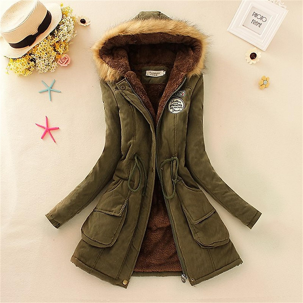 Winter Coats for Women Long Thicken Padded Jacket Fashion Warm Cold Weather Parkas Zip Up Hooded Clothes Plus Size Army Green