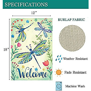 Spring Garden Flag with Welcome Quote , Burlap Double Sided Dragonfly Flower Yard Flags, Garden Flag Rustic Farmhouse Yard Outdoor Decoration (Dragonfly)