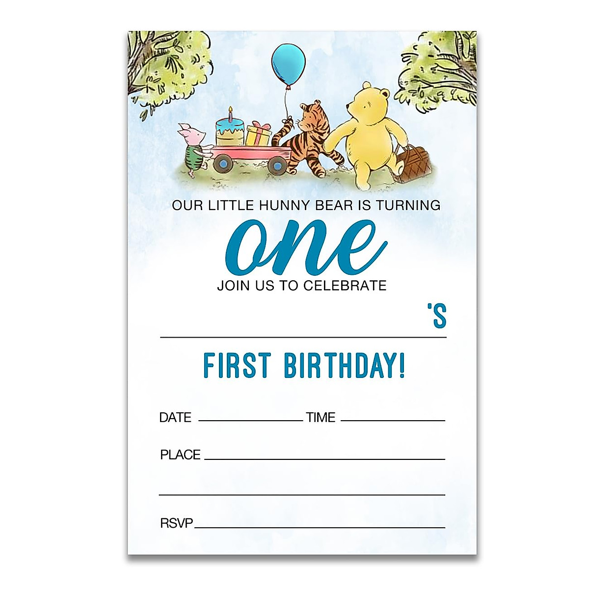 Dolimifa Winnie the Pooh 1st First Birthday Invitations Fill in Style Classic Our Little Hunny Bear 1st Birthday Invites, 20 Count With Envelopes
