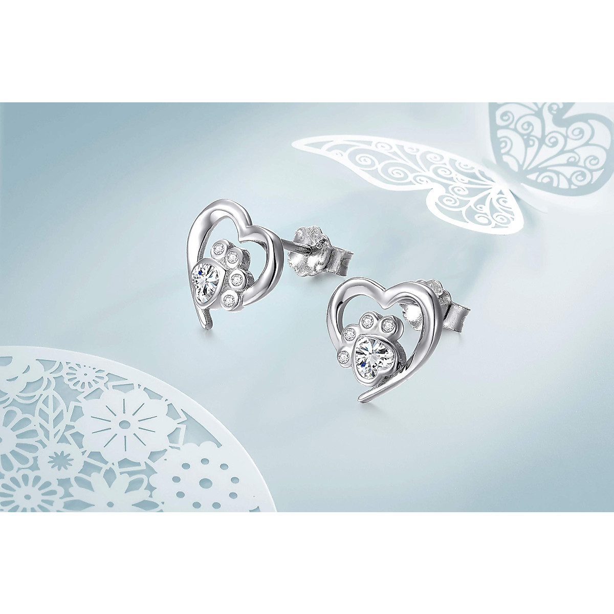 Heart Paw Jewelry 925 Sterling Silver Cute Heart CZ Cat Puppy Dog Paw Print Stud Earrings for Women Friends Birthday Jewelry (Nickel Free)