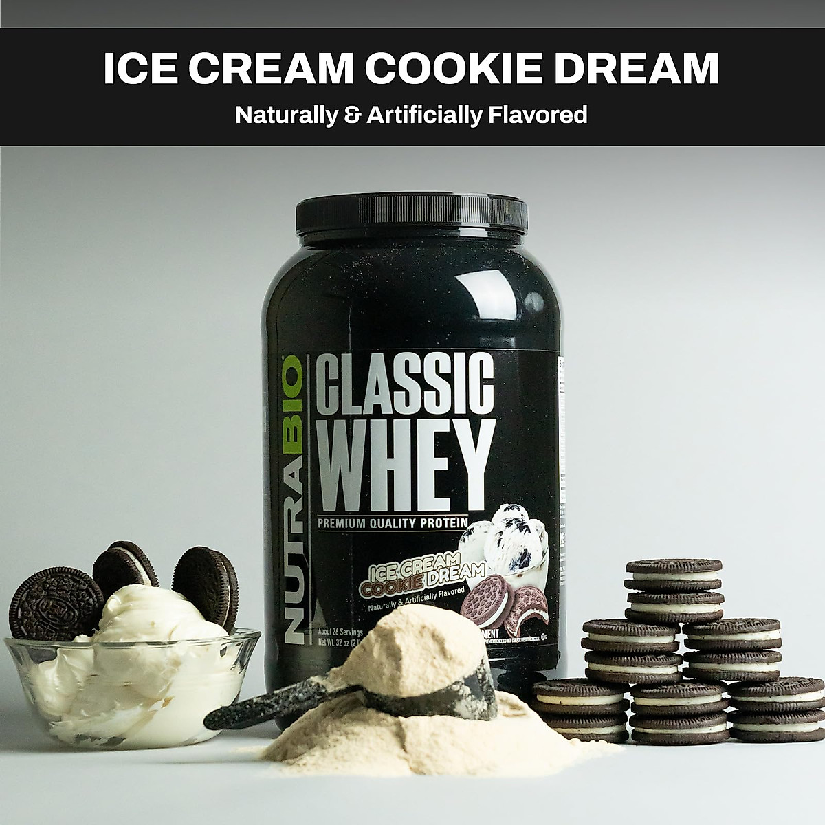 NutraBio Classic Whey Protein Powder- Full-Spectrum Amino Acid Profile - No Fillers, Artificial Colors, Preservatives - Low Glycemic Index - Ice Cream Cookie Dream, 5 Pounds
