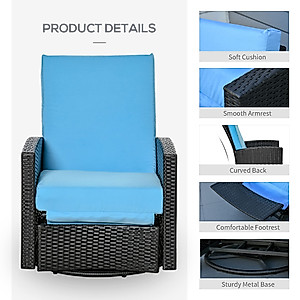Outsunny Outdoor Wicker Swivel Recliner Chair, Reclining Backrest, Lifting Footrest, 360° Rotating Basic, Water Resistant Cushions for Patio, Light Blue
