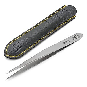 GERMANIKURE Professional Perforated Slanted Tweezers - FINOX Stainless Steel sharp tweezers in Leather Case - Professional Tweezers –Easy to use best tweezers- Ethically made in Solingen Germany -4405