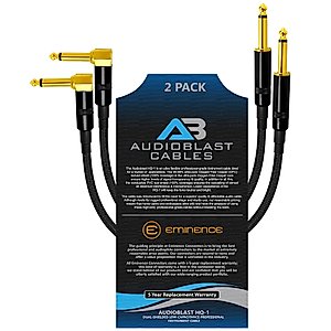 Audioblast - 2 Units - 8 Inch - HQ-1 - Ultra Flexible - Dual Shielded (100%) - Guitar Instrument Effects Pedal Patch Cable w/ Eminence Straight & Angled Gold ¼ inch (6.35mm) TS Plugs & Double Boots