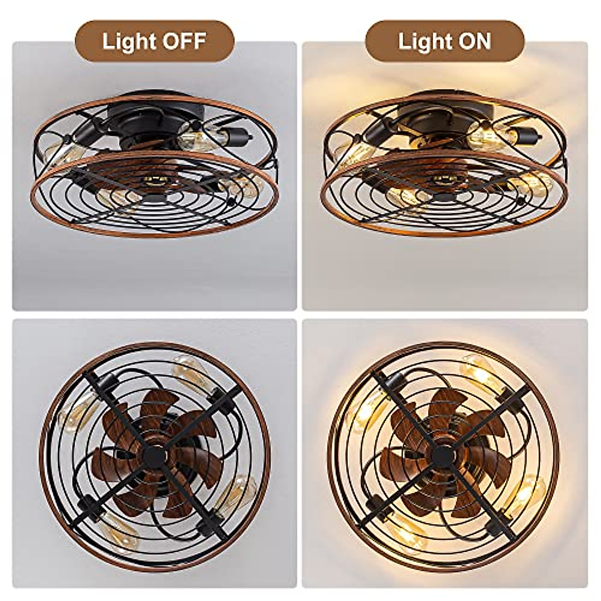 YEDAORL Caged Ceiling Fan with Light Flush Mount, 20 inch Vintage Low Profile Fandelier 6 Speed Chandelier Ceiling Fans Light Fixture with Reversible Motor Remote Control Black