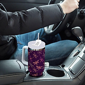 Emelivor Dark Purple Dragonflies 40 oz Tumbler with Lid and Straw Insulated Tumblers with Handle Leak Proof Coffee Tumbler Mug Large Water Bottles for Hot or Ice Coffee Tea