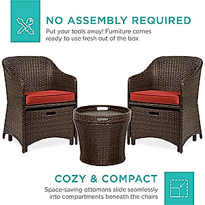 Best Choice Products 5-Piece Outdoor Patio Furniture Set, No Assembly Required Wicker Conversation Bistro & Storage Table for Backyard, Porch, Balcony w/Space-Saving Design - Brown/Red