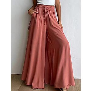 Xiaowhite Linen Pants for Women High Waisted Elastic Drawstring Wide Leg Trousers Casual Gaucho Beach Flowy Palazzo Pants for Women Dressy Spring Summer Boho Clothes Outfits 2023(Orange,XL)