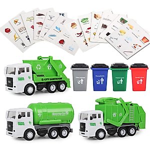 FIVEDAOGANG Garbage Truck Toy, 3 Pack Friction Powered Waste Management Garbage Truck Game with Front Load Dumpster, Back Dump Garbage,4 Trash Bins with 108 pcs Trash Cards, Gift for 3+ Years Old Kids