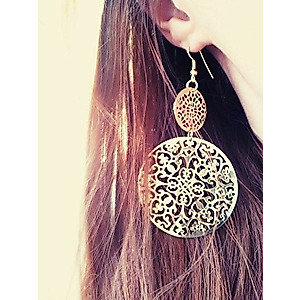 IDB Delicate Filigree Dangle Double Circle Drop Hook Earrings - Approx 3 1/4 inches (3.25" / 8.2 cm) Length x 1 13/16 inches (1.81" / 4.6cm) - (Gold Tone)