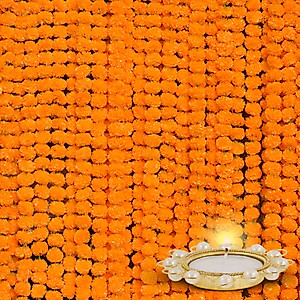 Marigold Garland for Decoration 5 Feet Indian Artificial Flowers for Diwali, Christmas, Party, Wedding Backdrop, Pooja & Cempasuchil Garlands Mexican Day of The Dead Halloween with 1 Diya (Orange 5)