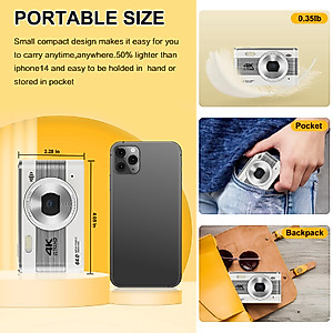 Rawiemy 64MP 4K Kids Digital Camera with 64GB Card, 18X Digital Zoom, Point and Shoot, Portable, White