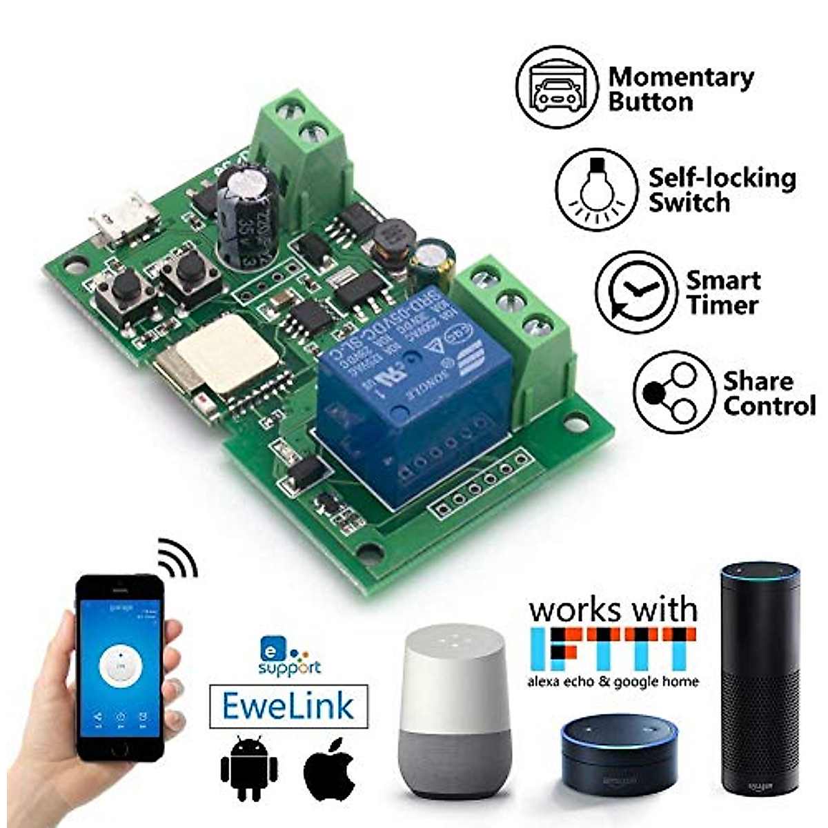 Newgoal wireless jog relay momentary/self-locking switch module DIY smart home remote control wifi relay switch Ewelink App compatible with Alexa Echo Google Home IFTTT (DC1)
