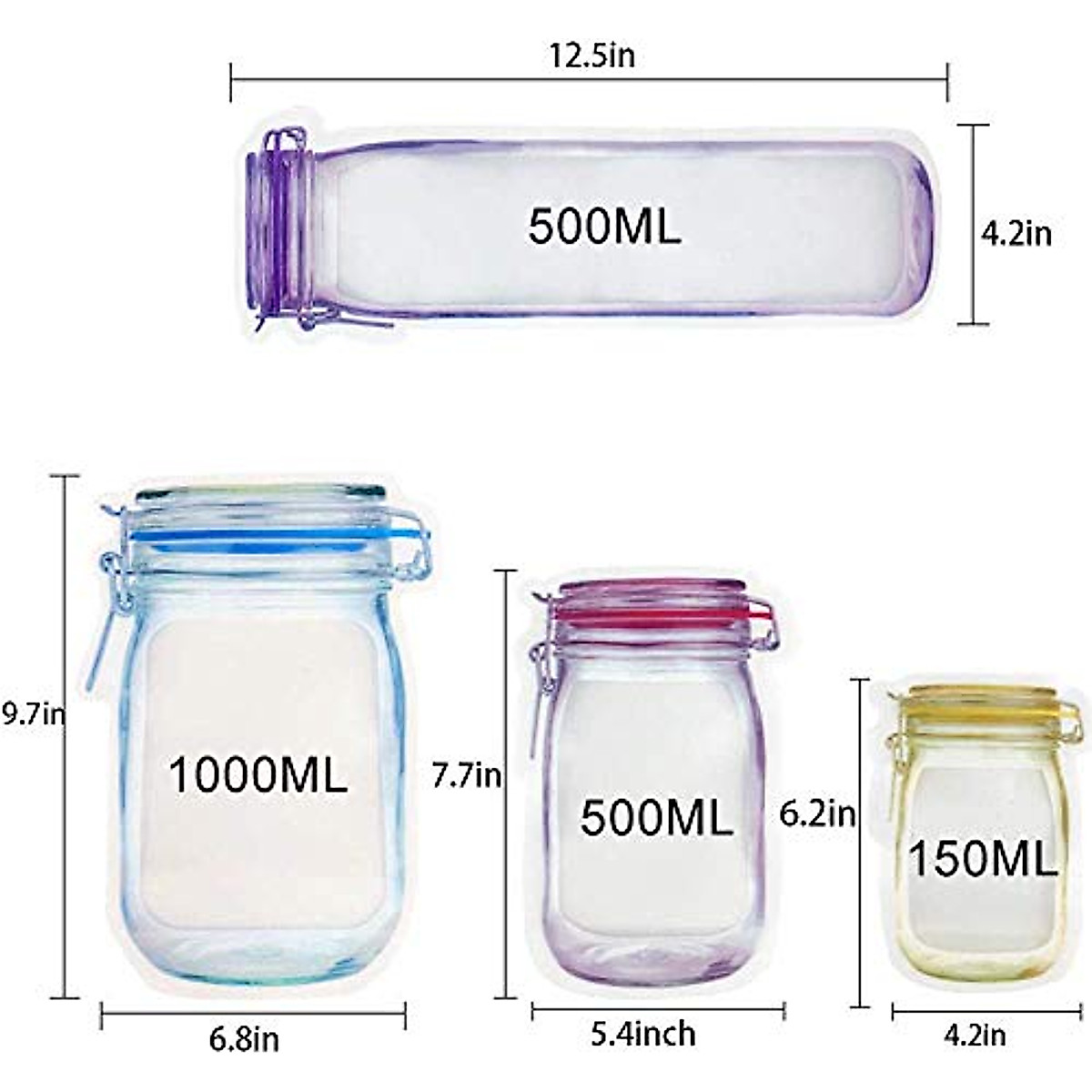 Mason Jar Zipper Bags, Meltset M 12Pcs Reusable Resealable Snack Sandwich Nut Ziplock Bottles Bags, Leakproof Airtight Seal Food Saver Bags for Travel Camping and Kids