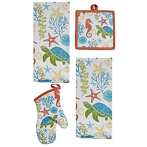 Kay Dee Designs 4 Piece Beach House Sea Turtle Kitchen Bundle, 2 Dual Purpose Towels, Potholder and Oven Mitt