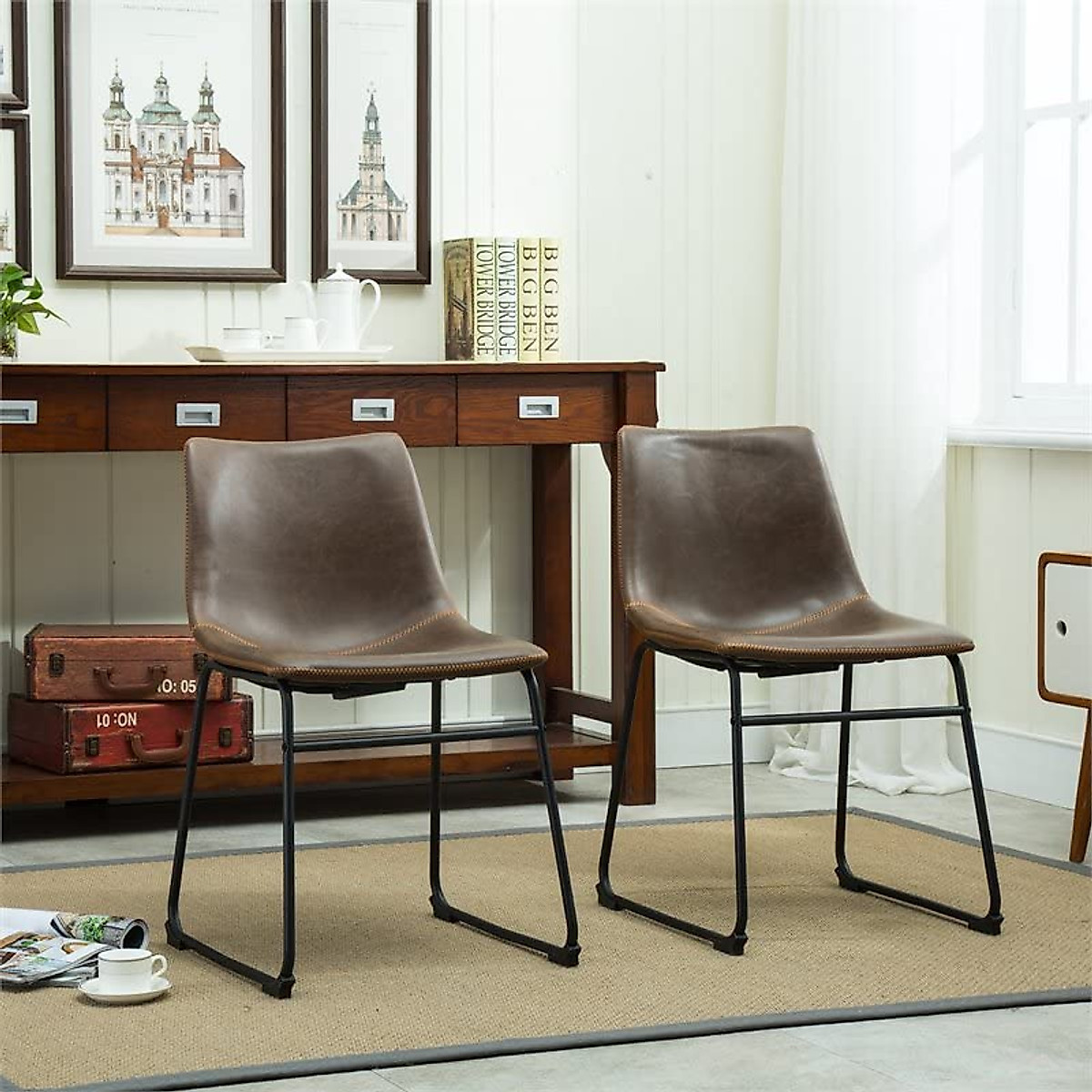 Roundhill Furniture Lotusville PU Leather Dining Chairs, Set of 2, Brown