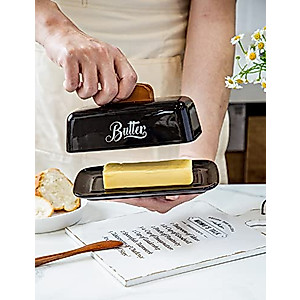 Butter Dish with Lid and Knife Ceramic Butter Holder for Counter Humanized Clamp-able Knife Handle Design, Perfect for East West Coast Butter, Black