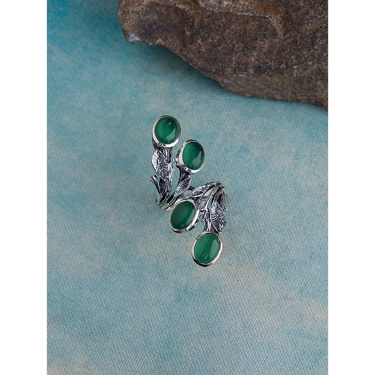 YoTreasure Green Onyx Solid Sterling Silver Innovative Leaf Vine Ring