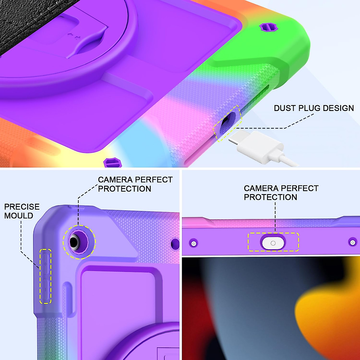 BMOUO Case for iPad 9th Generation Case, iPad 8th/7th Generation Case, iPad 10.2 Case, Shockproof Rotating Stand Hand Strap Kids Case for iPad 10.2" 2021/2020/2019 - Purple