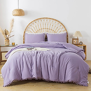 TanNicoor Pom Fringe Duvet Cover Set - 3 Piece Natural Ultra SOFE Color Washed Microfiber Bedding Set, Modern Style Down Comforter Quilt Cover with Zipper Closure(Queen, Lavender Purple)