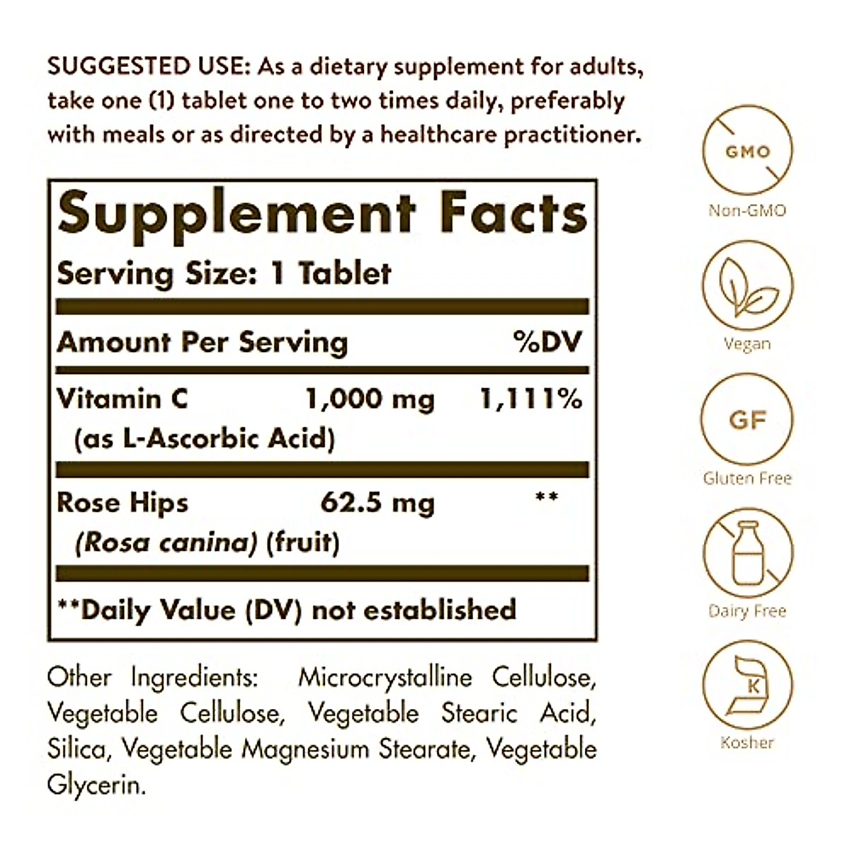 Solgar Vitamin C 1000 mg with Rose Hips, 250 Tablets - Antioxidant & Immune Support - Overall Health - Supports Healthy Skin & Joints - Non GMO, Vegan, Gluten Free, Dairy Free, Kosher - 250 Servings