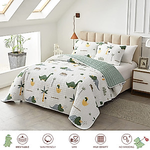 Joyreap 2-Piece Cotton Quilt Set Twin, Dinosaur Theme Green Color Design for Kids Boys n Girls, Smooth Soft Quilt Bedspread Bed Cover for All Season, 1 Quilt and 1 Pillow Sham- 68x86 inches