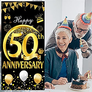 Kauayurk Happy 50th Anniversary Door Banner Backdrop Decorations, Large 50th Wedding Anniversary Door Cover Party Sign Supplies, Black Gold Happy 50th Anniversary Poster Decor