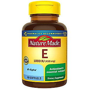 Nature Made Vitamin E 450 mg (1000 IU) dl-Alpha Softgels, 60 Count for Antioxidant Support