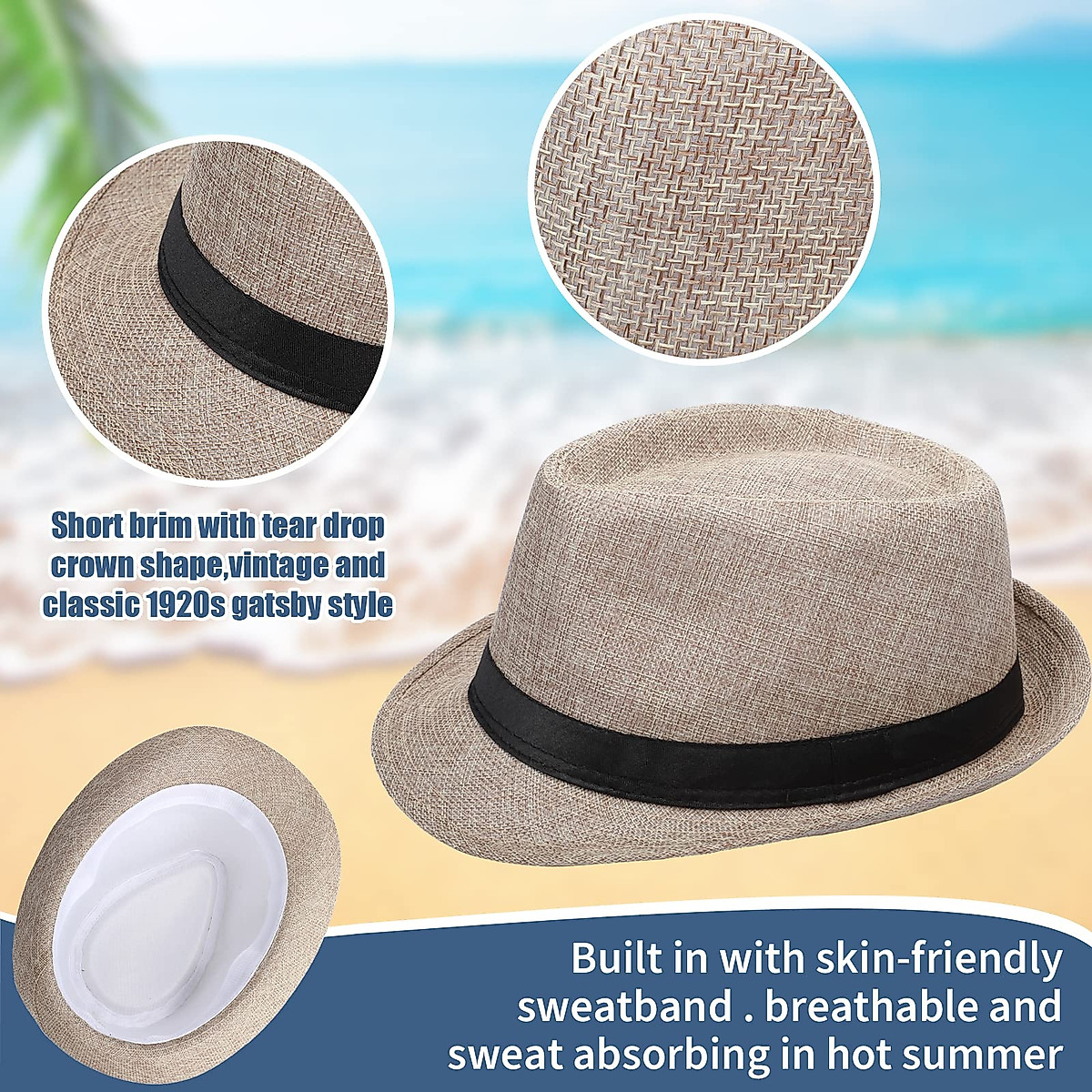 10 Pack Classic Fedora Hat with Short Brim, Straw Panama Style, for Men Women Party Costume, Circumference 60 cm (Beige)