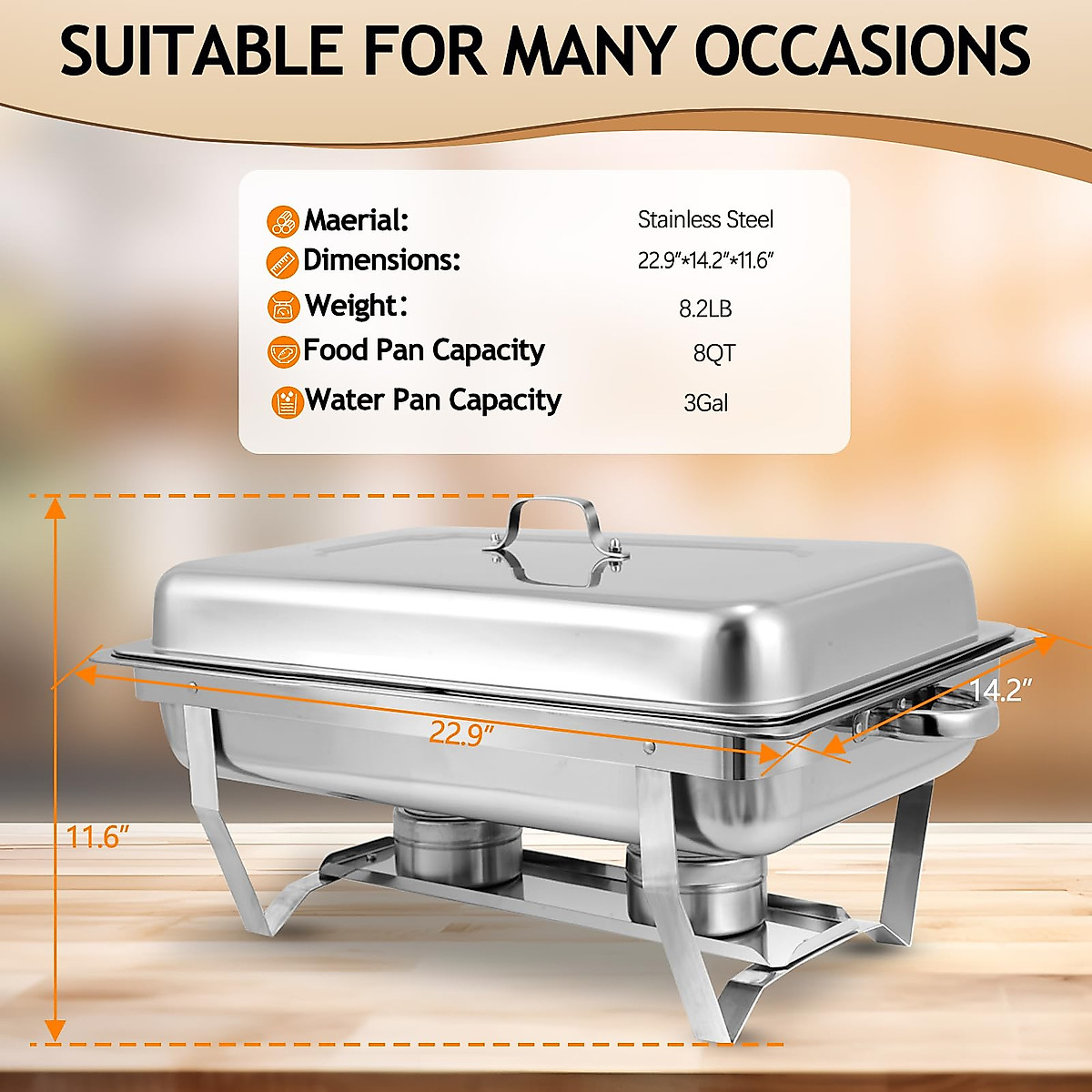 XYJBHB 2 Pack Stainless Steel Chafing Dish 8 QT Half Size Chafing Dish Buffet Set Silver Rectangular Catering Chafer Warmer for Buffet Banquet Party Catering Supplies
