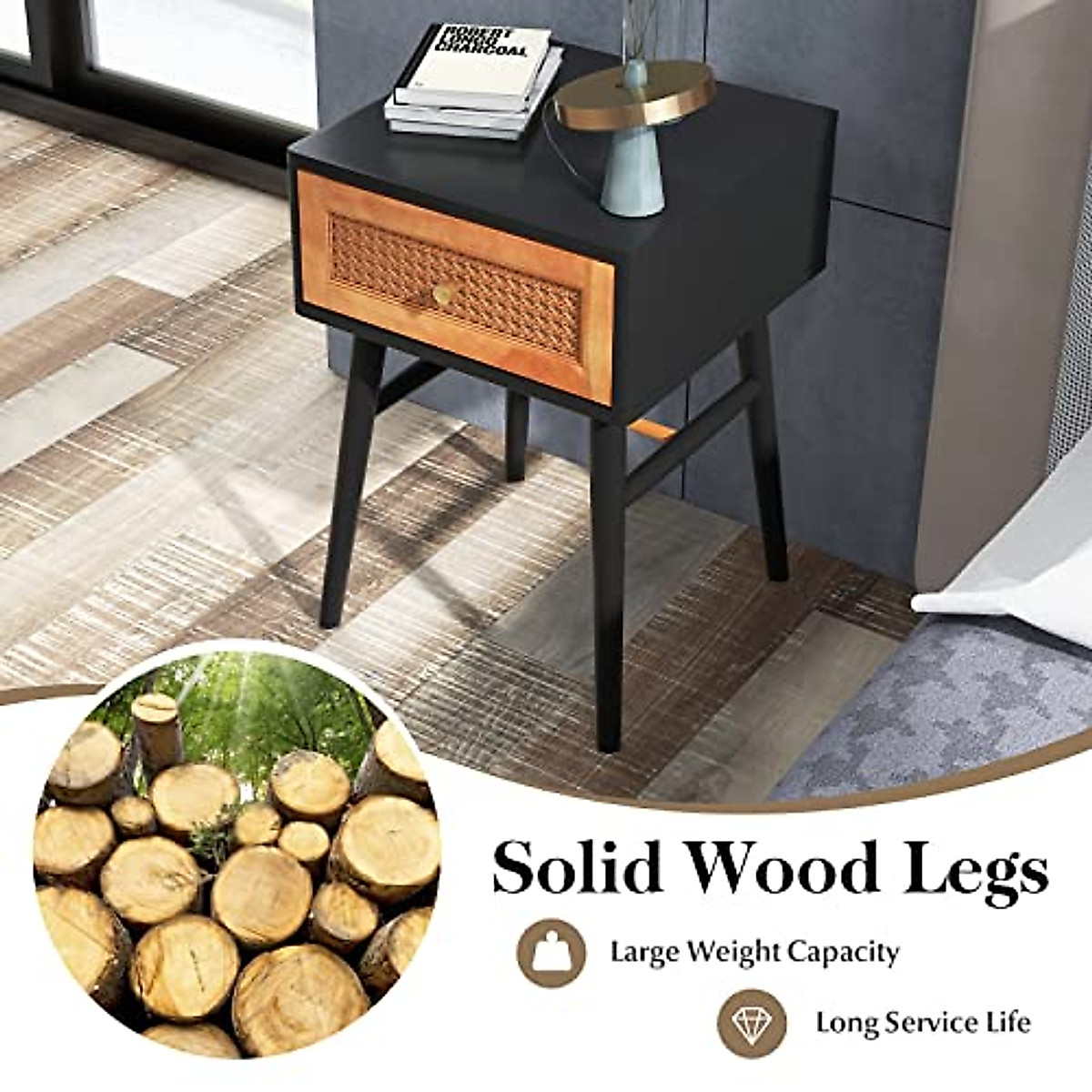 Giantex Rattan Nightstand Set of 2, Boho End Side Table with Rattan Decorated Storage Drawer & Solid Wood Legs, Mid-Century Modern Bedside Table for Bedroom Small Space, Easy Assembly, Black