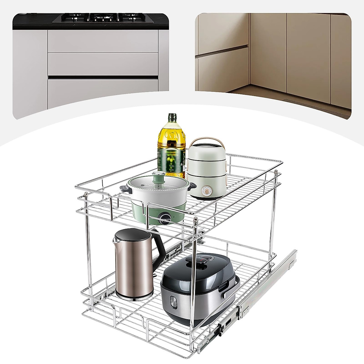 PIOJNYEN Pull Out Cabinet Organizer, 2-Tier Cabinet Pull Out Shelves, Kitchen Cabinet Organizer for Storing Kitchen Utensils Such As Dinner Plates, Bowls, Spices, Baking Supplies, Dishes, Cups,