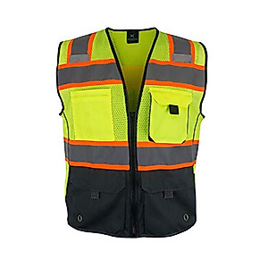 Kolossus High Visibility Mens Safety Vest APPAREL With Front Pockets, Silver Orange Reflective Tape, Bottom Class 2 ANSI/ISEA Black, Large