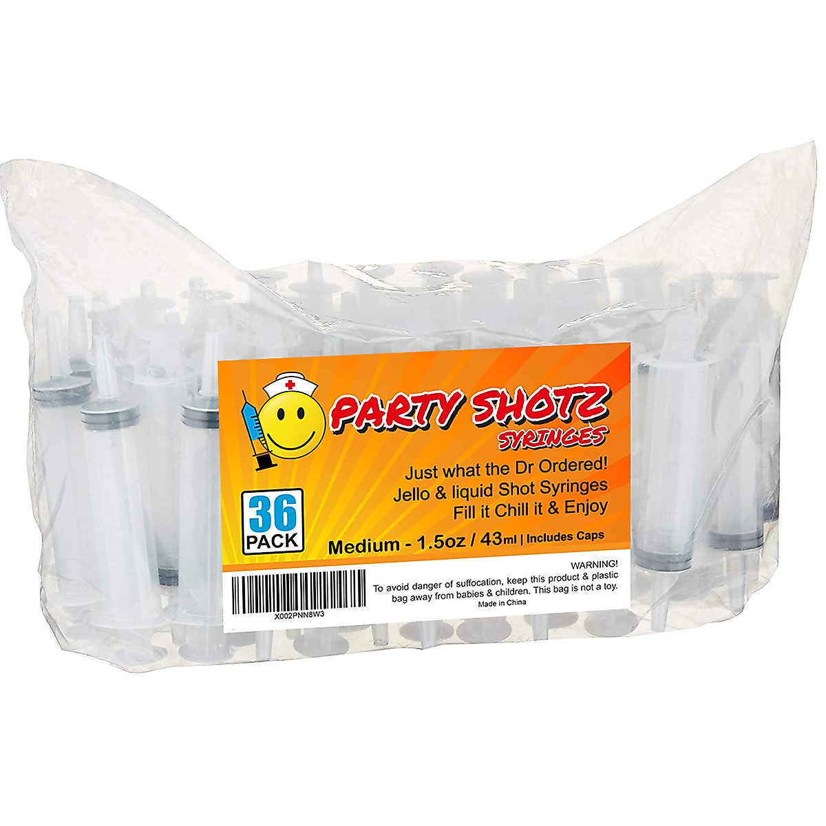 Party Shotz Jello Shot Syringes (Large 2oz with CAPS) Plastic Reusable Shots for Halloween, Christmas, Thanksgiving, Bachelorette Parties Favors - 60ml (2oz Jello Syringes, 36)