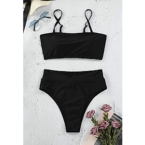 Pink Queen Plus Size 2 Piece Bikini Set for Women Strapless Sexy Cheeky High Waisted Swimsuit Bathing Suit Black 2XL