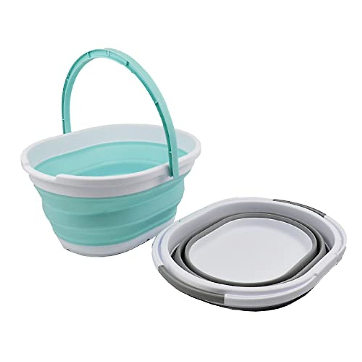 SAMMART 11L (2.9 Gallon) Collapsible Basket with Handle - Portable Outdoor Picnic Basket / Crater - Foldable Shopping Bag - Space Saving Storage Container (Lake Green + Grey)