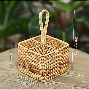 i-lan 2 Pack 4 Section Square Rattan Basket with Handle, 7”Divided Woven Remote Control Basket Tray with 5”Wall , Boho Catch-all Bottle Caddy Serving Basket Box for Cosmetic Organizer Utensils Holder