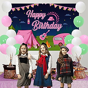 Girl Camping Party Decorations - Pink Camping Party Decorations with Happy Birthday Camping Backdrop, Cake Topper, Banner Garland, Cupcake Topper for Camping Themed Birthday Party Supplies