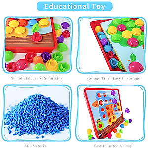 58 Pcs Button Art Toys for Toddlers,Toddler Activities Crafts for Toddlers 2-4 Years,Color Matching Mosaic Pegboard Early Learning Educational Toys,Include 12 Pictures and 46 Buttons with Box