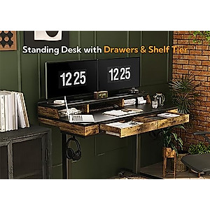 Claiks Standing Desk with Drawers, Electric Adjustable Standing Desk Adjustable Height, Sit Stand Up Desk with Storage Shelves & Wheels, 55 Inch Rustic Brown