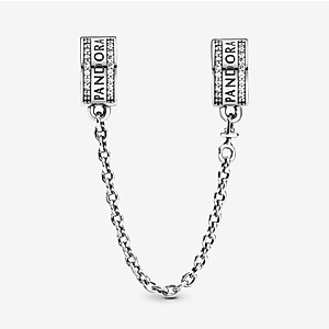 PANDORA Pandora Logo Safety Chain Charm, Sterling Silver, Clear Cubic Zirconia, 2 IN