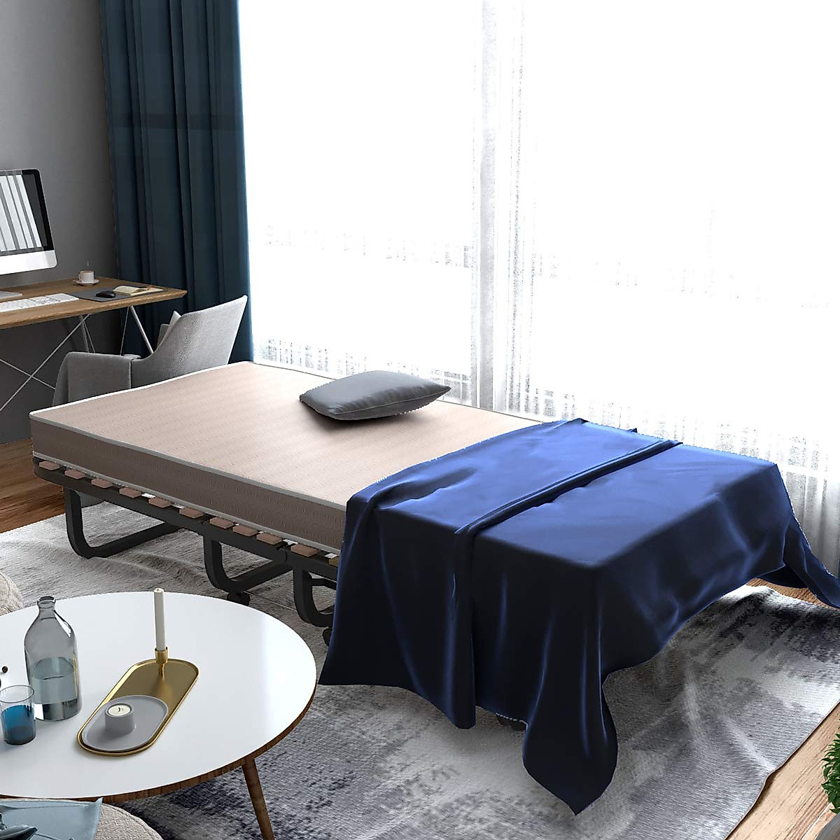 KOMFOTT Folding Bed with 4” Mattress, Foldable Rollaway Bed with Memory Foam Mattress for Adults, Portable Fold Up Guest Bed with Sturdy Steel Frame on Wheels, Made in Italy