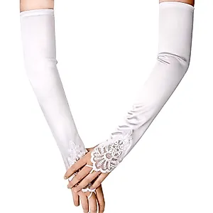 SAVITA Fingerless Long White Gloves Pierced Elbow Length Satin Gloves 19" Stretchy Opera Evening Party 1920s Gloves for Women