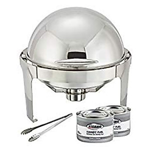 Winware 6 Quart Stainless Steel Round Roll Top Chafer, Chafing Dish Set with 2 Chafing Dish Methanol Gel Fuel and 16-Inch Stainless Steel Multi-Function Tong