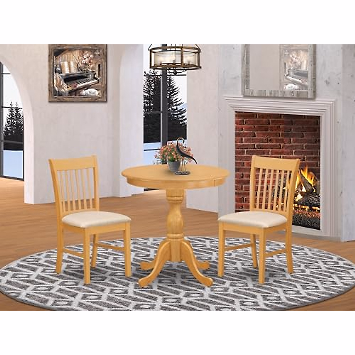 East West Furniture ESNF3-OAK-C 3 Piece Modern Dining Table Set Contains a Round Wooden Table with Pedestal and 2 Linen Fabric Upholstered Dining Chairs, 30x30 Inch, Oak