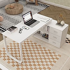 DiDuGo Office Desk with Drawers and Shelves, Home Office Desk L Shaped Desk with Metal Frame, Wood Corner Desk Computer Desk for Office Bedroom White